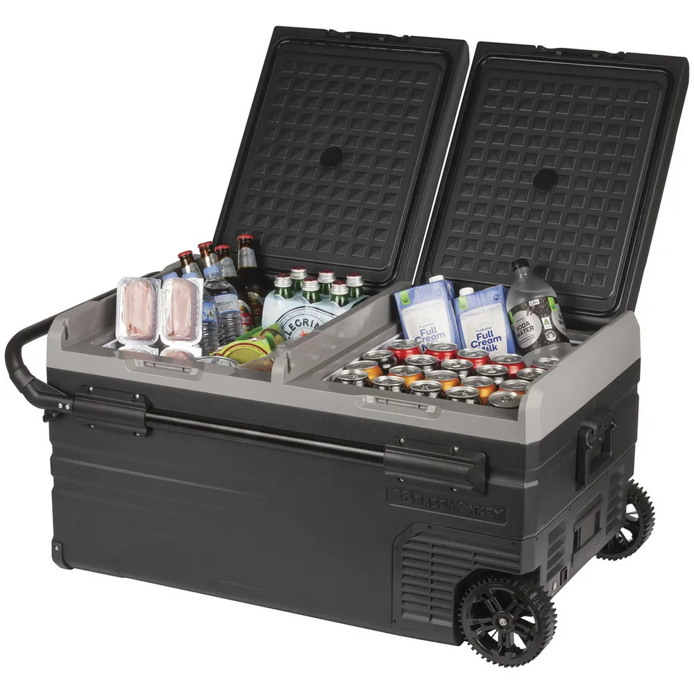 95L Brass Monkey Portable Low Profile Dual Zone Fridge/Freezer with Wh ...