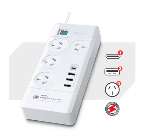 Sansai 4 Outlet 3xUSB-A & 1xUSB-C Powerboard Master On/Off switch Surg ...