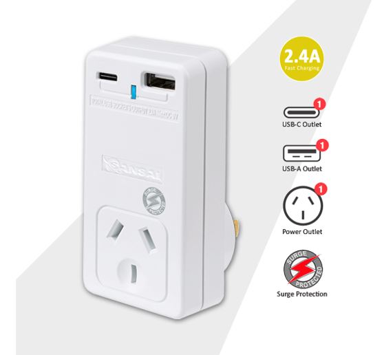 Sansai USB C + A 2xUSB charging Outlets Power Adaptor 240V 10A Surge p ...